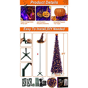 [ Orange & Purple Lights ] 5 Ft Halloween Black Christmas Tree Timer DIY 50 Lights Battery Operated Pumpkin Top Sequin Tinsel Artificial Pop Up Pencil Scary Halloween Decoration Home Indoor Outdoor