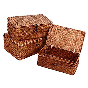 Luxshiny 3pcs Woven Storage Baskets with Lids Shelves Basket Organizer Pantry Organizer Baskets Storage Container Basket for Home(Brown)