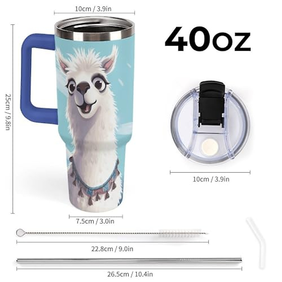 LLUTSNTH 40 Oz Vacuum Tumbler with Deep Blue Handle Leakproof Insulated Tumbler Llama Stainless Steel Travel Mug with Lid And Straw Coffee Cup Cute Water Bottles Cup Holder Friendly