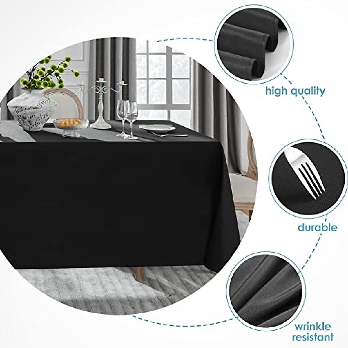 Vidafete 90*132inch Rectangle Tablecloth Polyester Table Cloth，Stain Resistant and Wrinkle Polyester Dining Table Cover for Kitchen Dinning Party Wedding Rectangular Tabletop Buffet Decoration(Black)
