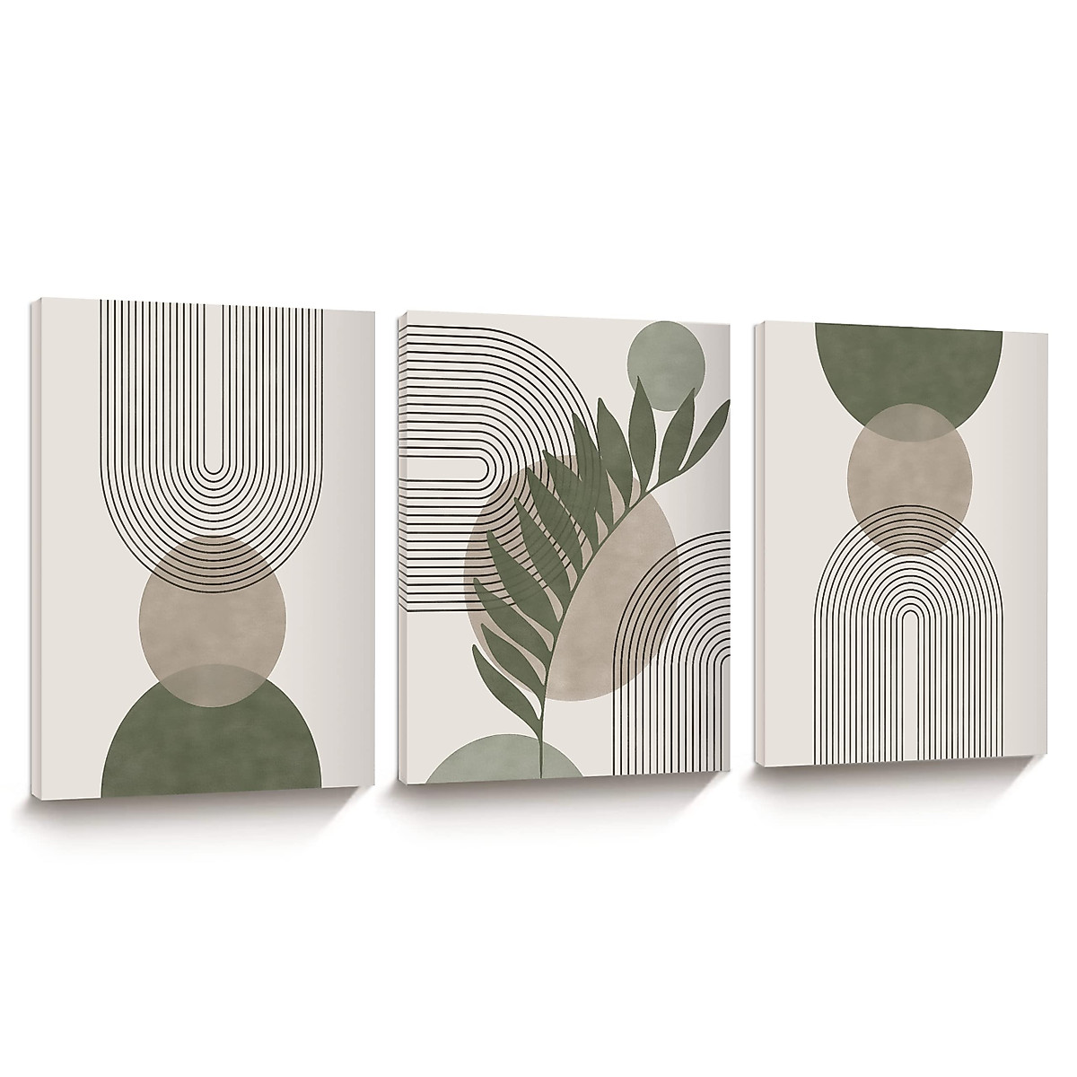 iHery Sage Boho Wall Art, 12x16in Framed Canvas Wall Art Pictures, Mid-Century Modern Wood Framed Abstract Prints for Bedroom,Minimalist wall Decor Bathroom 3Pack