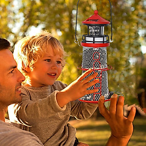 HSHD Solar Lighthouse Bird Feeder with Rotating Beacon Lamp - 14" Hanging Mesh Wild Bird Feeders for Outdoor Garden Decor Patio Lawn(Red)