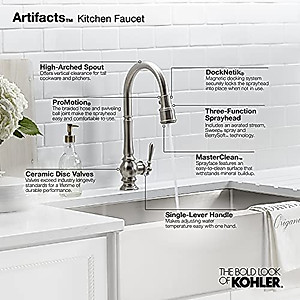 Kohler Artifacts® Single-Hole Kitchen Sink Faucet with 17-5/8" Pull-Down spout and Turned Lever Handle, DockNetik Secure Docking System, and 3-Function sprayhead,
