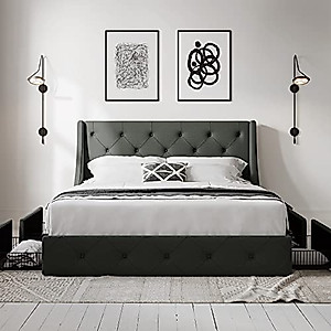Allewie Queen Bed Frame with 4 Storage Drawers and Wingback Headboard, Button Tufted Design, No Box Spring Needed, Dark Grey