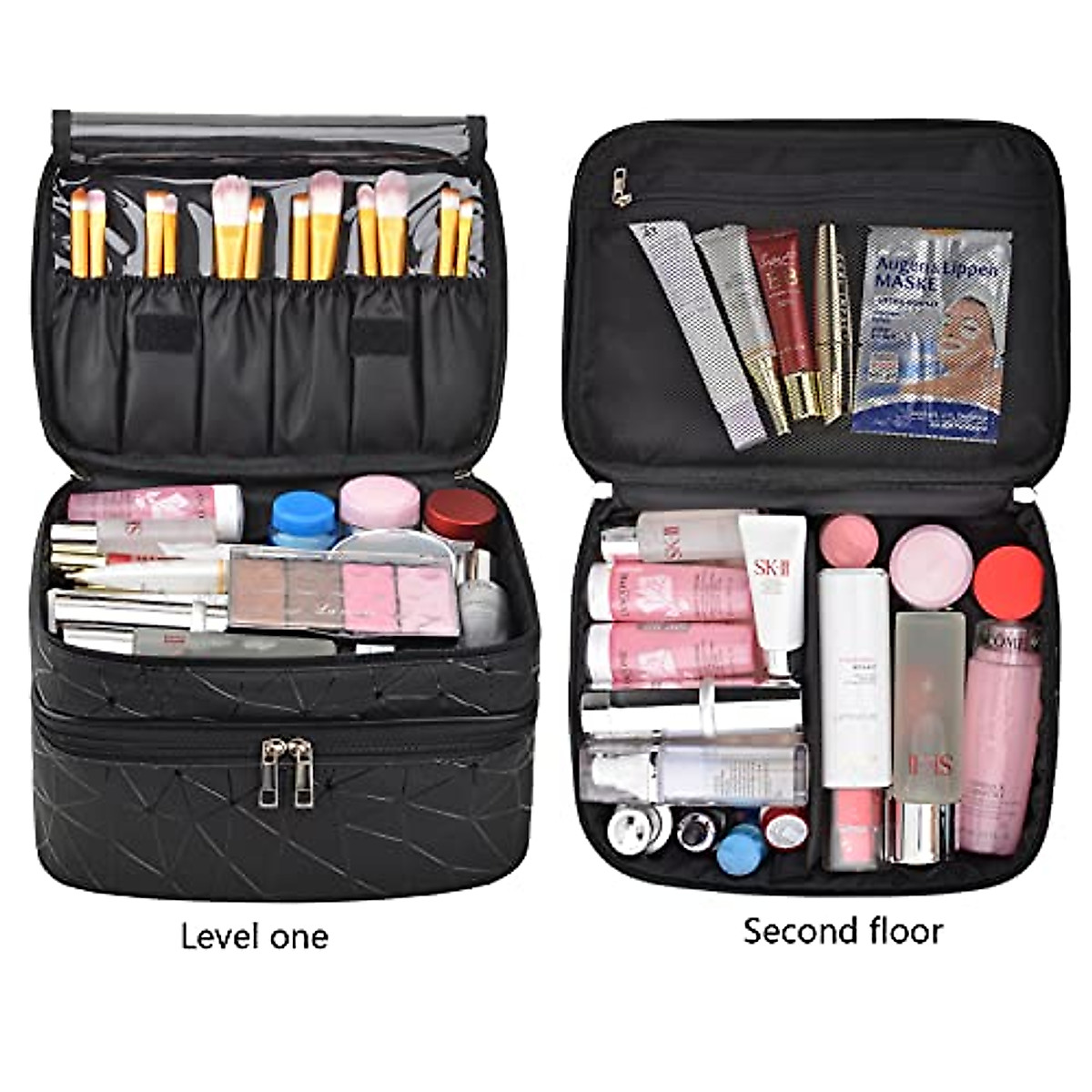 MKPCW makeup bag Large Double-layer cosmetic bag with brush bag and divider Makeup Case Organizer (Black)