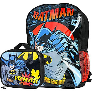 Batman Backpack and Lunch Box Bundle Set ~ Deluxe 16" Batman Backpack for Boys Kids with Insulated Lunch Bag and Stickers (Batman School Supplies)
