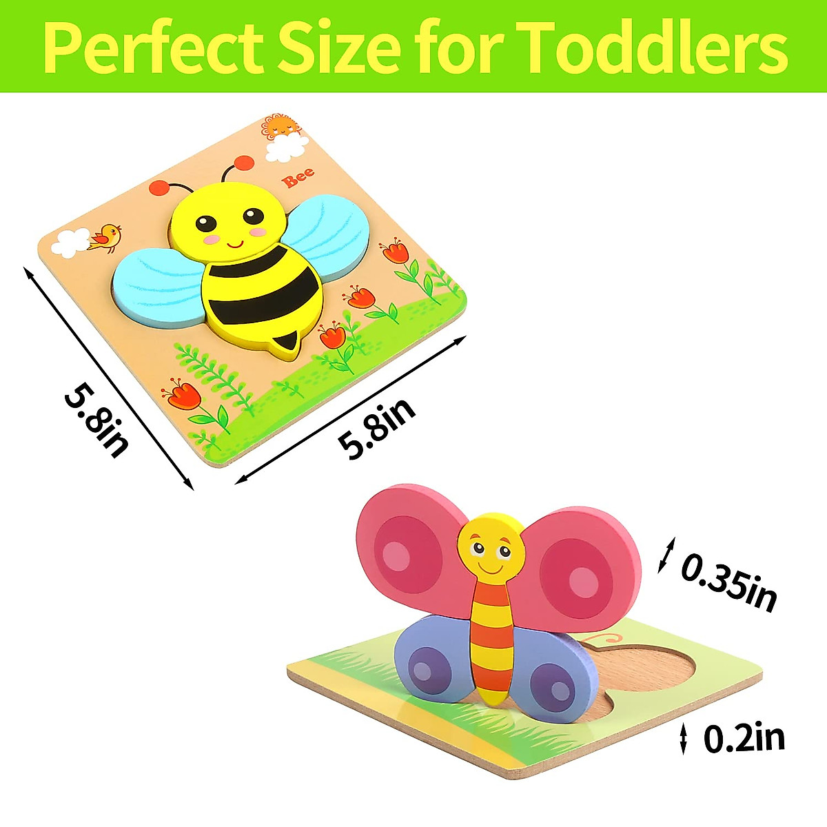 FINGOOO 2 Pack Wooden Puzzles for Toddlers 1-3,Baby Puzzle Educational Toy Gift (Butterfly Bee)