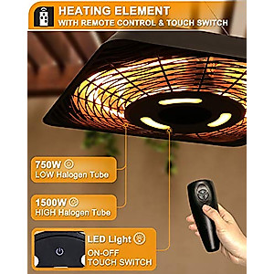 Star Patio Electric Patio Heater, Outdoor Heater with Remote and Touch Switch, 750W/1500W Infrared Heater with SQUARE SHAPE Black Finish, Modern Hanging Heater, IP45 Waterproof, STP1568-RMLED-SQ