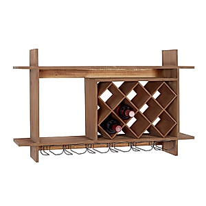 Deco 79 Wood Geometric 8 Bottle Slot Wall Wine Rack with 6 Glass Holder Slots, 34" x 8" x 20", Brown