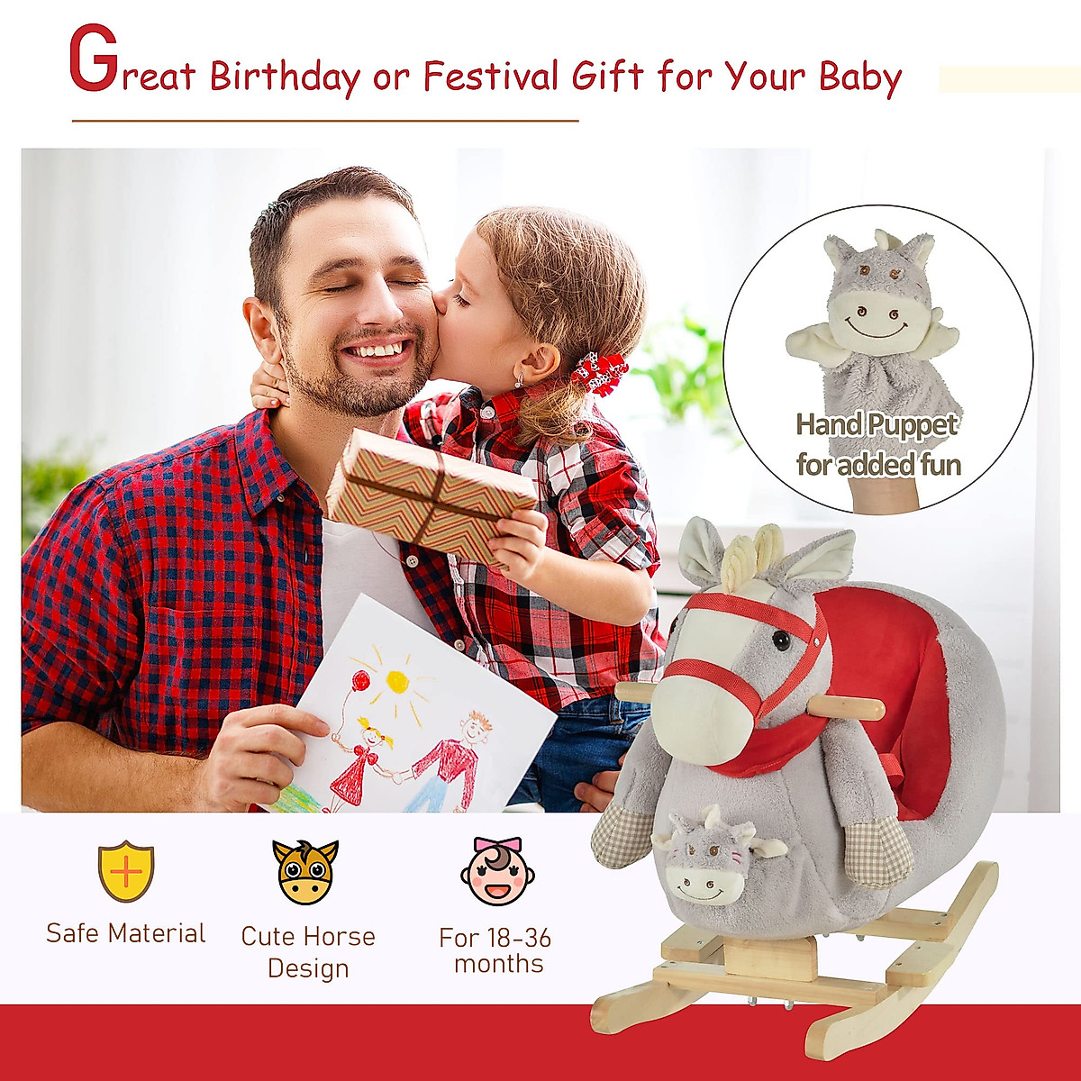 Qaba Kids Ride-On Rocking Horse Toy, Rocker with Lullaby Song, Hand Puppets & Soft Plush Fabric for Children 18-36 Months, Gray