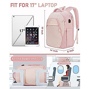Backpack for Women College, Anti Theft 17 Inch Laptop Backpack with USB Charging Port, Large TSA Water Resistant Airline Approved Lightweight Travel Daypack Cute Nurse Work Weekender Computer Bag,Pink