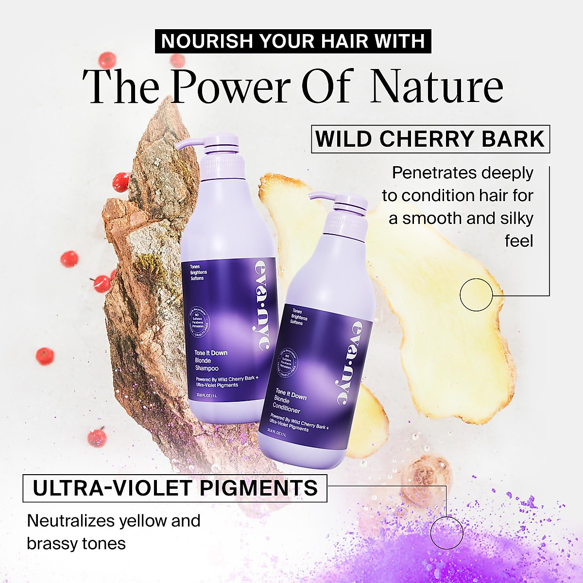 Eva NYC Tone It Down Blonde Shampoo and Conditioner Set, Moisturizing Purple Shampoo and Conditioner for Eliminating Brassy & Yellow Tones, Vegan Hair Shampoo and Conditioner, Pack of 2, 1L