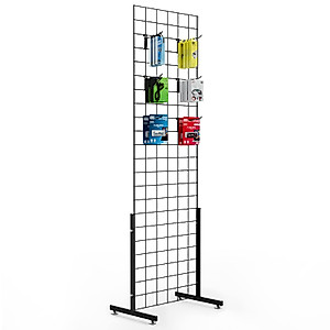 Bonnlo 2' x 6' Standing Grid Panel Tower, Thicker 5mm Wire, 180 LBS Weight Capacity Grid Wall with T-Legs, Grid Rack for Retail Display with Extra Hooks (1)