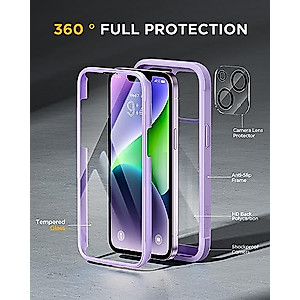 Miracase Glass Series Designed for iPhone 14 Plus Phone Case 6.7 inch, 2023 Upgrade Full-Body Clear Bumper Case with Built-in 9H Tempered Glass Screen Protector and Camera Lens Protector,Purple