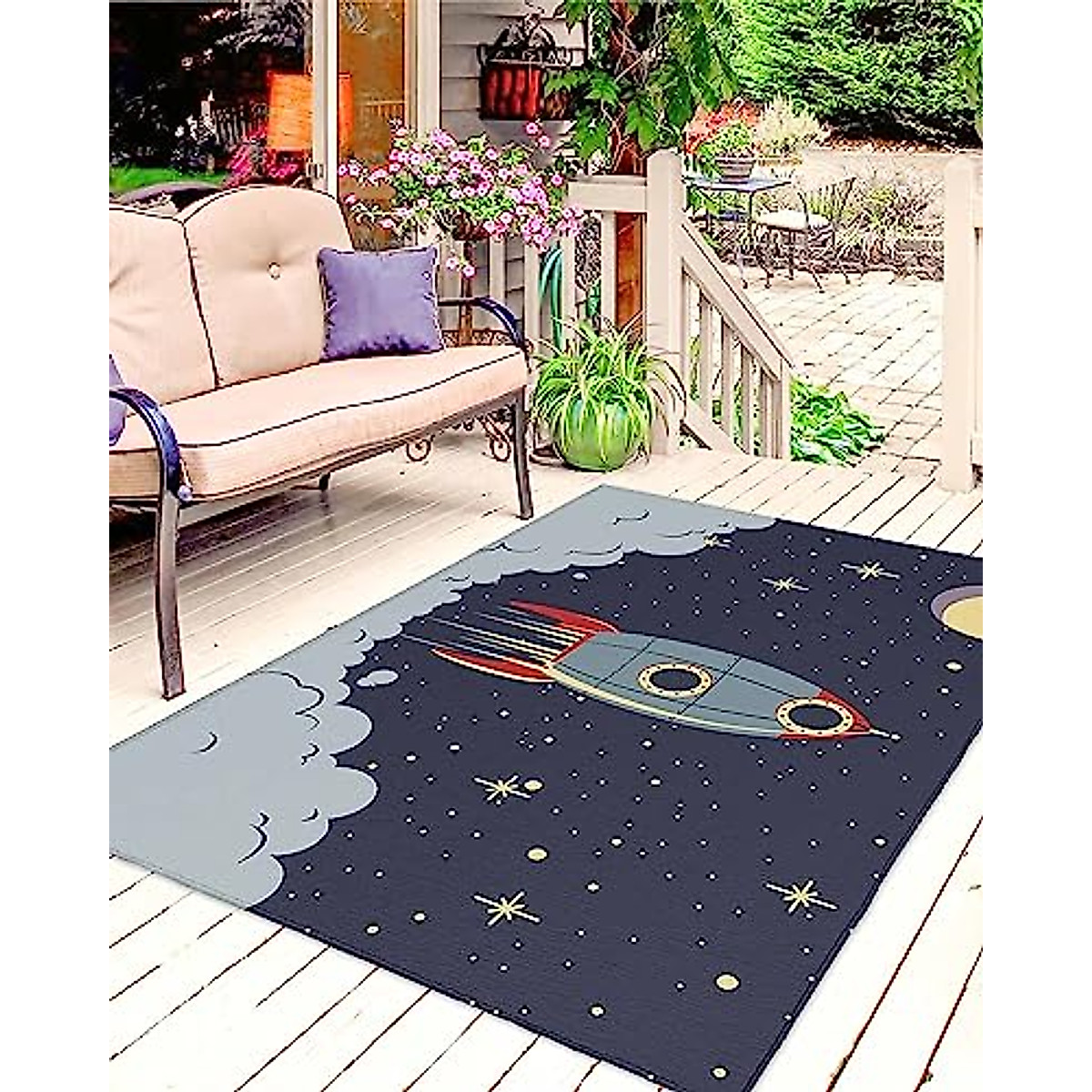 CHARMHOME Indoor Outdoor Rugs 5'x8' - Waterproof Patio Rug Camping Rug for Porch Deck Backyard Patio - Space Theme Cute Cartoon Rocket Moon and Stars Pattern Area Rug Easy Clean