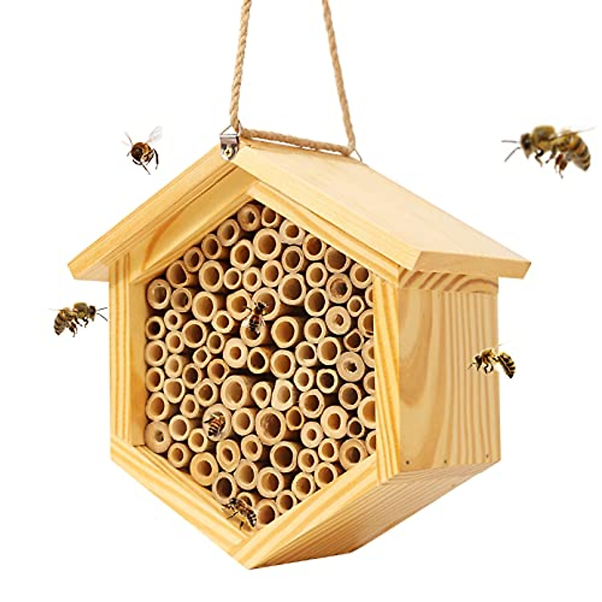 Mason Bee House Native Bee Hive Hexagon Bee House Natural Handmade Wooden Mason Bee Box Habitat Home Hotel with Bamboo Tubes -Attracts Peaceful Bee Pollinators to Enhance Your Garden's Productivity
