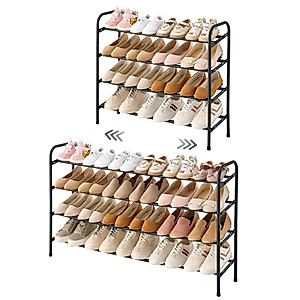 Gewudraw 4-Tier Shoe Rack Expandable, Width Adjustable Shoe Shelf Storage Organizer, 41.53'' Metal Standing Shoe Rack for Bedroom Entryway Closet, Holds up to 24 Pairs Shoes, Black