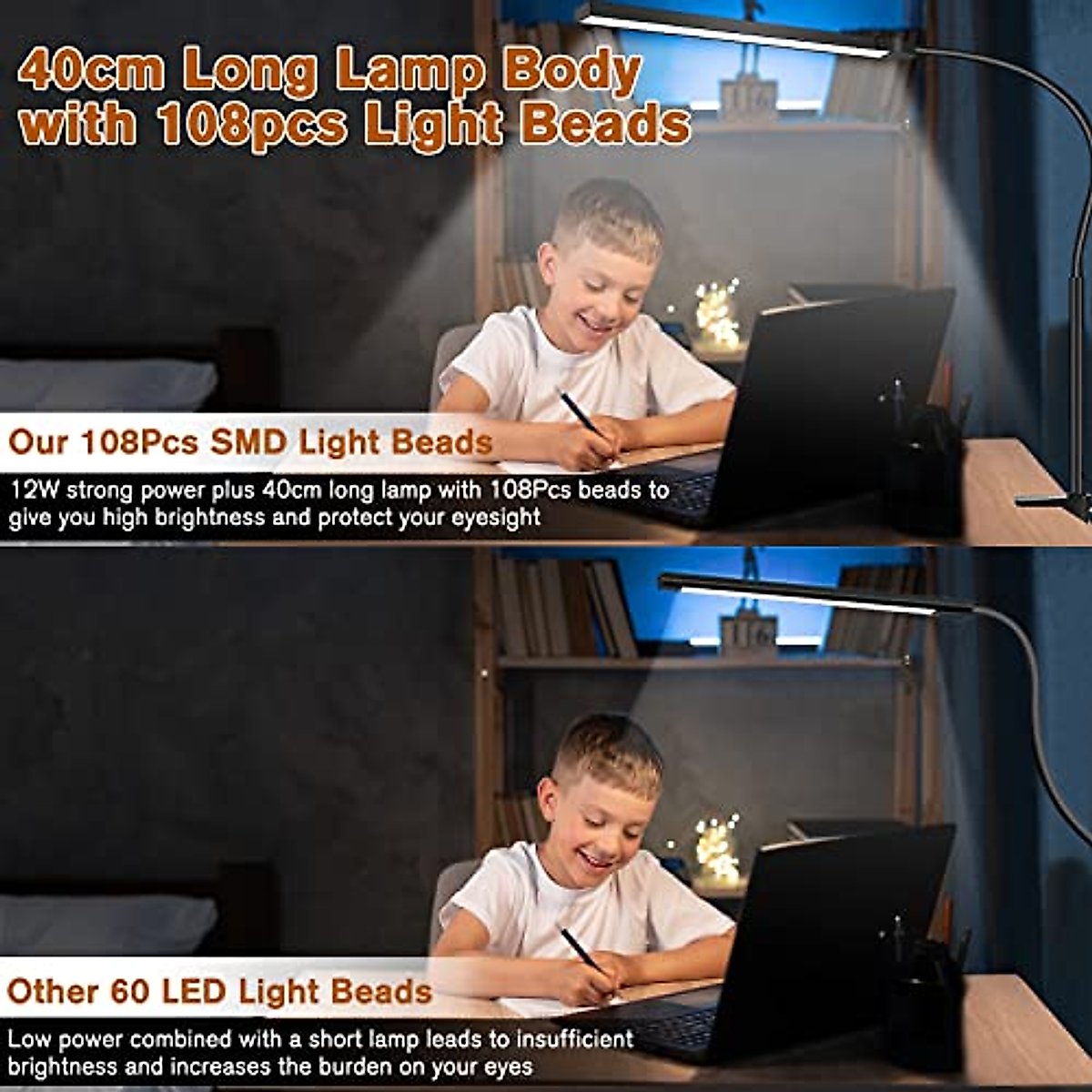 Aedcbaide Desk Lamp for Home Office 108PCS LED Desk Lamp 40CM Head Flexible Gooseneck Desk Light, Eye-Caring Touch Control, 3 Color Modes Stepless Dimmable Brightness Clamp Lamp for Reading Study