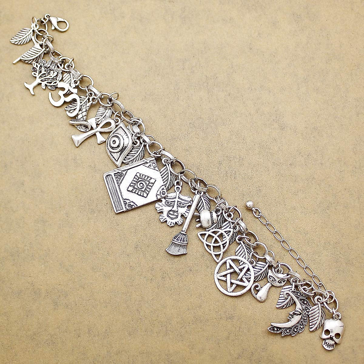 RechicGu Vintage Silver Mythology Fairytale Lucky Charms Cuff Bangle Bracelet Cross Leaf Moon Face Celtic Cat