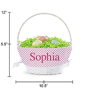 Personalized Easter Egg Basket with Handle and Custom Name | Pink Gingham Easter Basket Liners | White Basket | Woven Easter Baskets for Kids and Adults | Customized Easter Basket | Gift for Easter