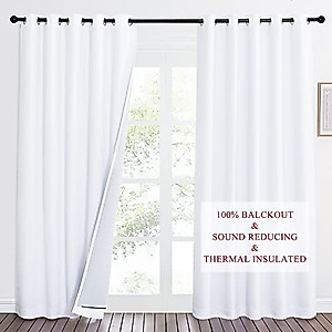 NICETOWN Sound Barrier 100% Blackout Divider Curtains 84" 2 Panels Set, Noise, Cold & Cold Blocking Patio Door Curtains with Felt Fabric Lining for Nursery/Daytime Sleep/Bedroom (White, 62" Wide)