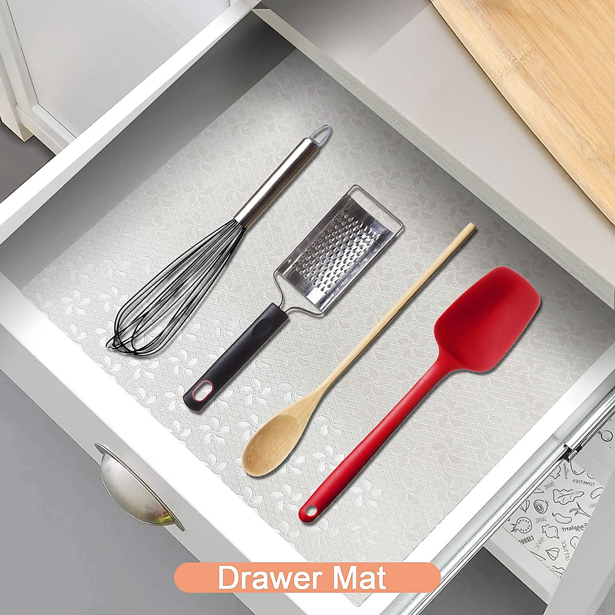 Shelf Liner, Shackcom 17.5in x 19.7ft Non-Slip Drawer Liner, PET Non Adhesive Washable Oil-Proof for Kitchen Cabinet, Shelves, Refrigerator, Storage, Table, Sink Mat (Clear, Bauhinia Pattern)