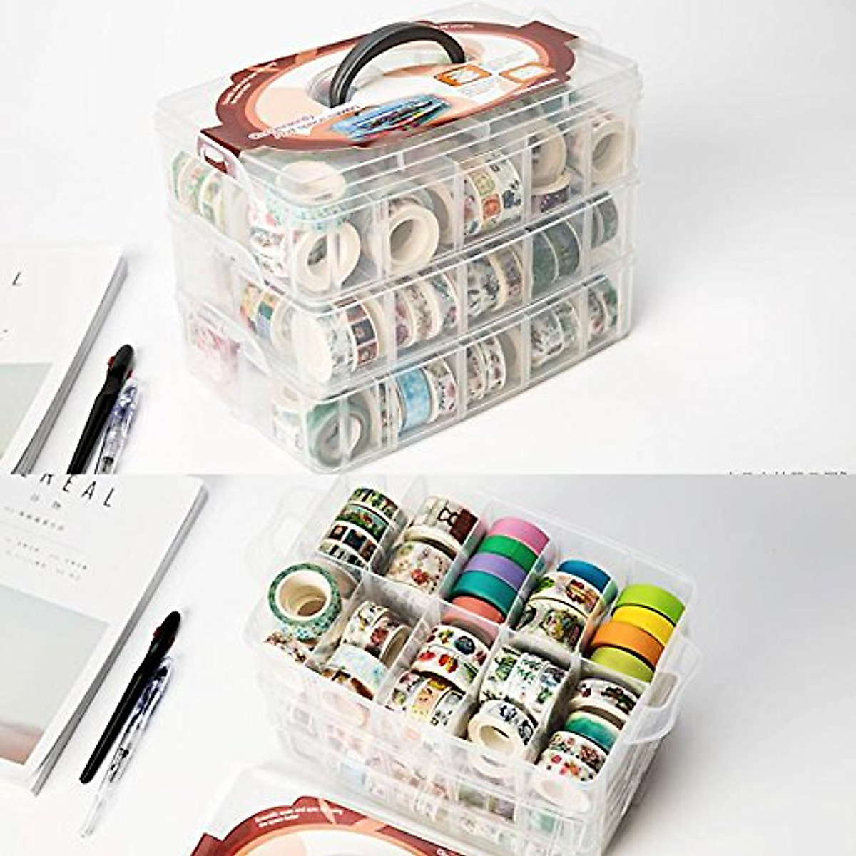 HomDSim Washi Tape Box Organizer Storage,Divider Closet Container,with 30 Adjustable Compartments,Clear,Masking Tape Desktop Tape DIY Sticker Roll Tape Cutter Holder Storage,Finger Safty Dispenser