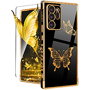 Coralogo for Samsung Galaxy Note 20 Ultra Case Butterfly for Women Girls Girly Pretty Cute Black Phone Cases Gold Plating Butterflies Design with Screen Aesthetic Cover for Note 20 Ultra 5G 6.9"