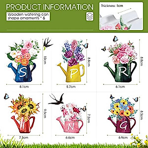 6 Pieces Spring Wood Block Signs Wooden Tabletop Spring Signs Spring Decor Flowers Decor Tiered Tray Decorations Watering Can Spring Table Centerpiece Wall Pediments for Home Farmhouse Tabletop