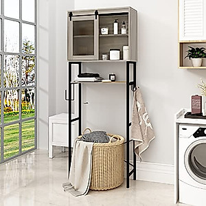 AZODY Over The Toilet Storage Cabinet, Over The Toilet Storage with Adjustable Shelves and Sliding Door, Freestanding Bathroom Organizer Over Toilet for Bathroom, Grey