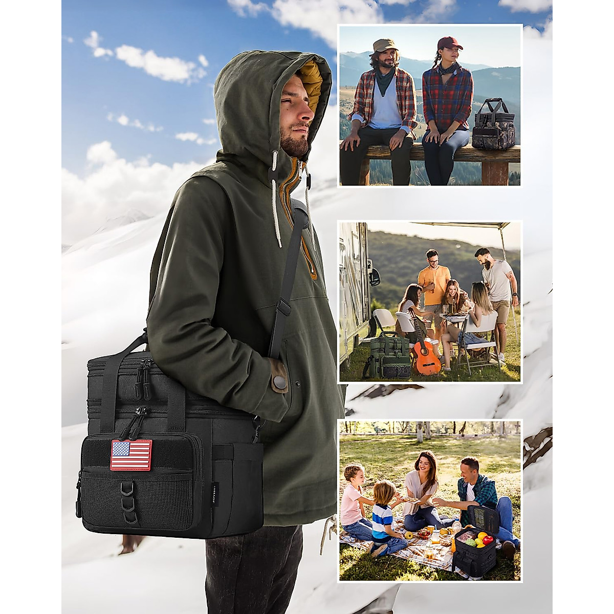 JOYHILL 18 L Tactical Lunch Box - Insulated, Leakproof, and Expandable Double-Deck Cooler Bag for Work, Camping, Picnic - Durable Black Lunch Bag for Adults,24 Can