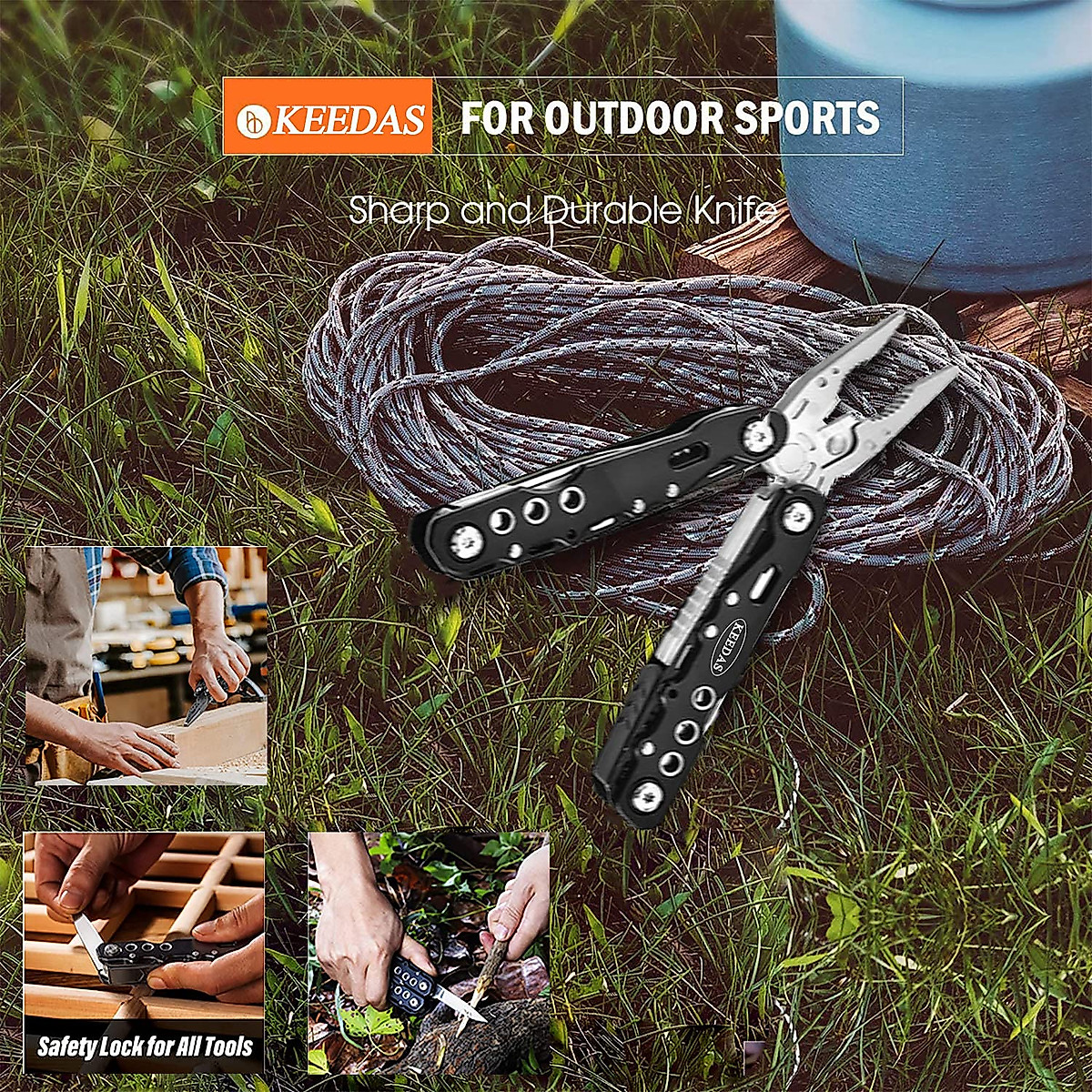 Multitool Knife for Men, Pliers Tools 15 in 1 Multi Tool with Safety Lock Screwdrivers Saw Bottle Opener Durable Sheath Perfect for Camping Survival Hiking