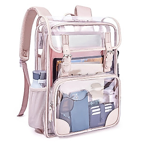 mommore Clear Backpack Heavy Duty Thick PVC Transparent Backpack with Leather Trim Large Capacity See Through Backpack