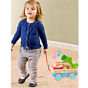 Wooden Baby Toys Car, Crocodile Beating Drum Pull Along Toddler Toy,Developmental Toy for 1 Year Old Girl Boy Birthday Gift