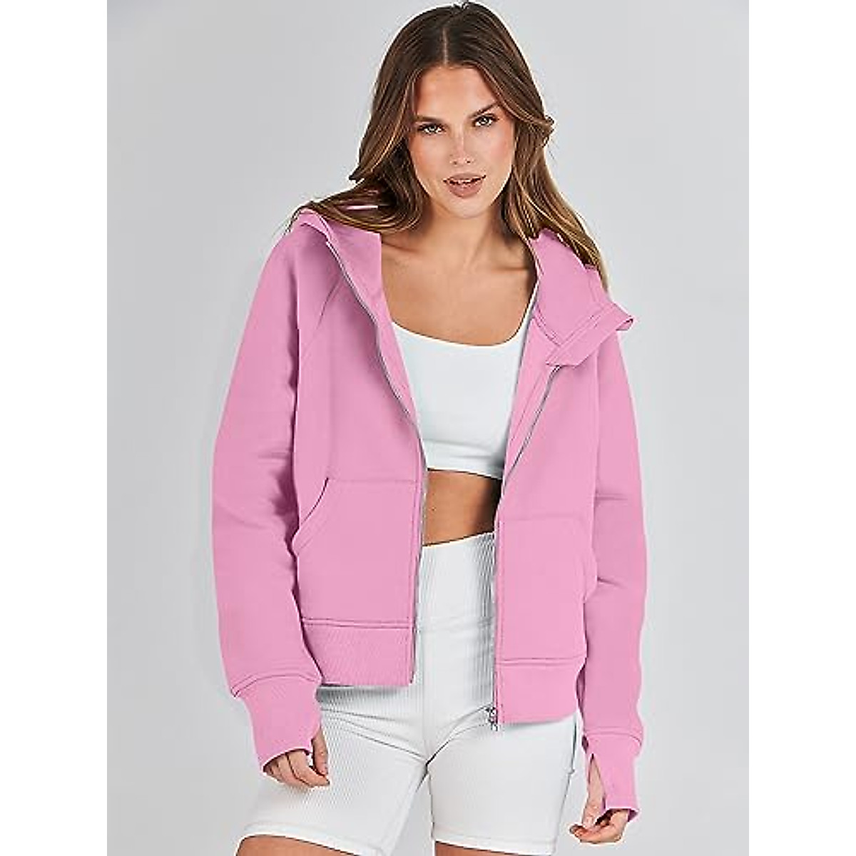 ANRABESS Women's Zip Up Cropped Hoodie Oversized Fall Sweatshirts Y2k Jacket Workout Crop Tops Rib Knitted Casual Long Sleeve Shirts Comfy Clothes A1015fense-M Pink