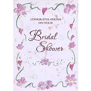 Designer Greetings Sparkling Pink Hearts and Flowers Border with Green Swirls Bridal Shower Congratulations Card