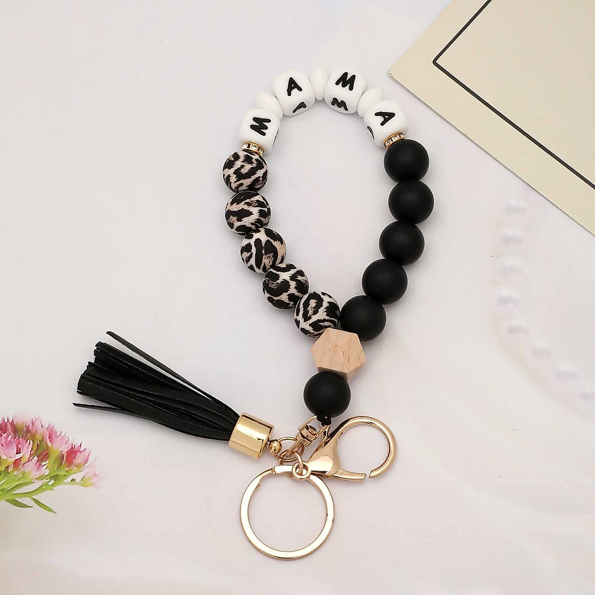 BAOSIWA Silicone Beaded Mama Key Chain Bracelet Wristlet Keyring Leopard Bangle Keychains Mothers Day Gifts for Women with Leather Tassel