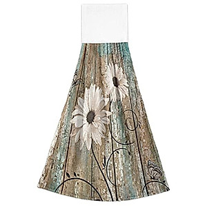 2Pcs Rustic Daisy Flower Kitchen Hand Towels Vintage Wooden Board Hanging Tie Towels with Loop & Hook Soft Vintage White Flower Rustic Barnwood Dishcloths for Bathroom Washroom Guestroom Hotel