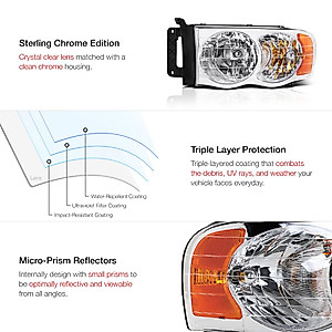 VIPMOTOZ Chrome Housing OE-Style Headlight Headlamp Assembly For 2002-2005 Compatible with Dodge RAM 1500 2500 3500 Pickup Truck, Driver & Passenger Side