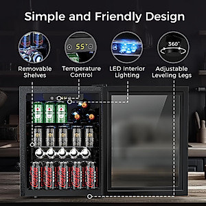 Kndko Mini Beverage Refrigerator and Cooler - 95 Can Mini Fridge with Digital Temperature Control, LED Light, Reversible Door, Perfect for Home, Office, Bar, and Game Room - 2.6 Cu.Ft, Black