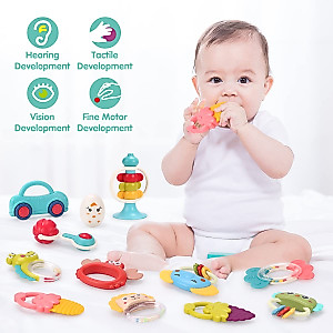 Qizebaby Baby Toys 6 to 12 Months, 12PCS Rattle Baby Teething Toys, Shaker Grab and Spin Rattles Toy, Music Learning Toys for 0 1 2 3 4 5 6 7 8 9 10 11 12 Month Newborn Baby Infant Toddlers Boys Girls