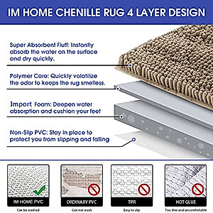 ACCUMTEK Striped Ultra Soft Bathroom Rugs and Mats Set 3 Pieces Bathroom Rug Set Beige, Thick Chenille Bath Rugs Non Slip Bath Mats for Bathroom, Toilet, Bedroom, Kitchen