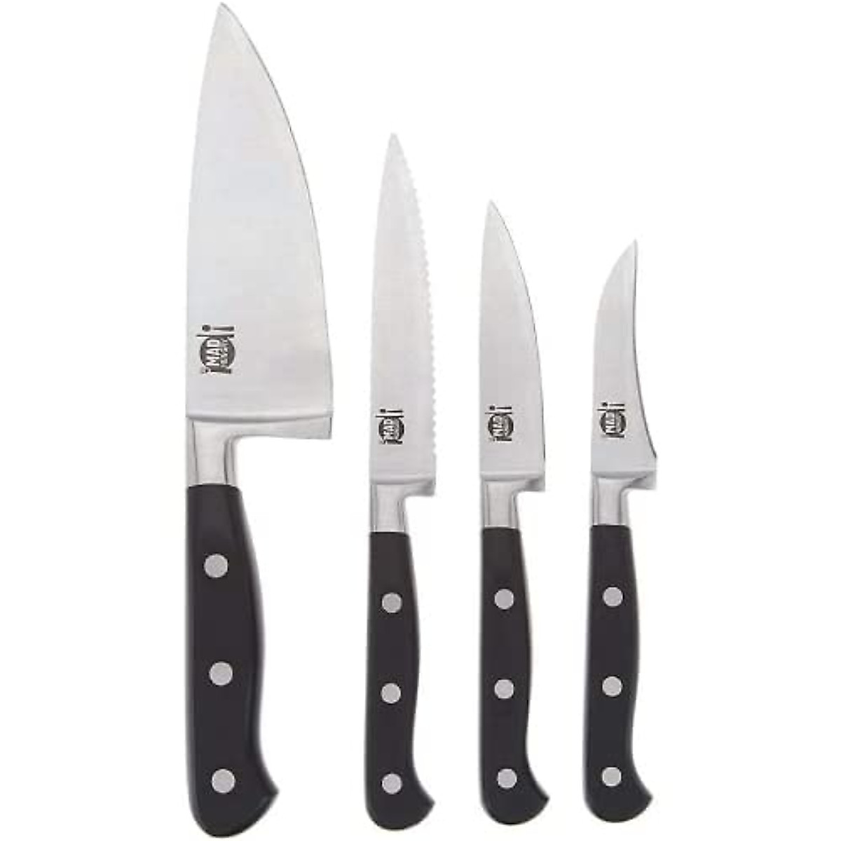 Mad Hungry 4-Piece Forged Specialty Knife Set - 6" Chef, 4.5" Serrated Utility, 3.5" Paring, & 3" Birds Beak Knives Kitchen (Black)