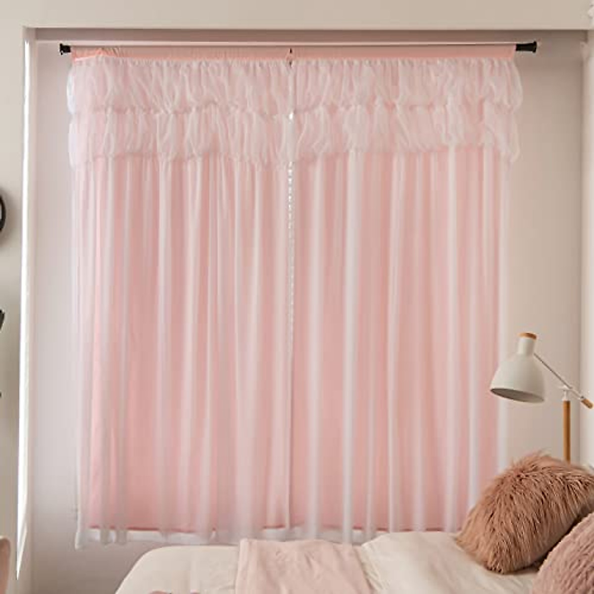GY Nursery Curtains Catarina Layered Solid Blackout and Sheer Window Curtain Panel Pair for Kids/ Girls Bedroom Living Room Nursery, Blush Pink, 42x63 Inch, Set of 2 Panels
