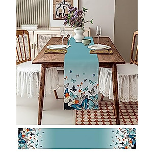 Lsrtoss Teal Ombre Table Runner 72 Inches Long Farmhouse Dress Scarves, Blue Orange Butterfly Modern Abstract Art Dining Tablerunner for Coffee Table/Kitchen Island/Party Décor, 18" x 72"