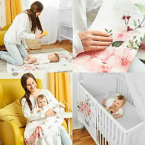 Baby Milestone Blanket | Cotton Muslin Swaddle Blanket | Monthly Photo Mat for Newborn Girl | Cherry Blossom Flowers| Personalised Baby Shower Present for New Mums | Age Mat | Includes Wooden Frames