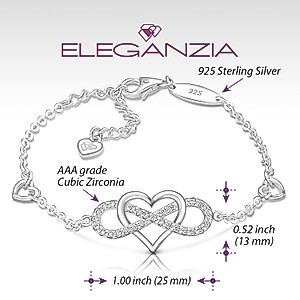 ELEGANZIA Infinity Heart Bracelet For Women Sterling Silver, Tiny Heart Charm Chain Bracelet Friendship Jewelry
