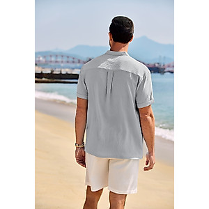 COOFANDY Men Hippie Beach T Shirts Band Collar Henley Shirt Summer Resort Wear Light Grey