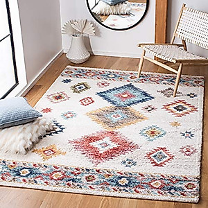 SAFAVIEH Calista Shag Collection 4'5" x 6'5" Ivory/Blue CAL142A Moroccan Boho Tribal Non-Shedding Living Room Bedroom Dining Room Entryway 1-inch Thick Area Rug