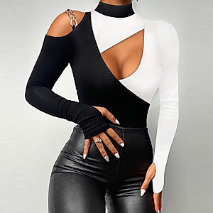 Plus Size Tops for Women Long Sleeve One Shoulder Cut Out Halter Sexy Fashion Going Out Tops Dater Night Tshirts Trendy Dressy Blouses Summer Casual 2024 Spring Oversized Clothes Outfits White L